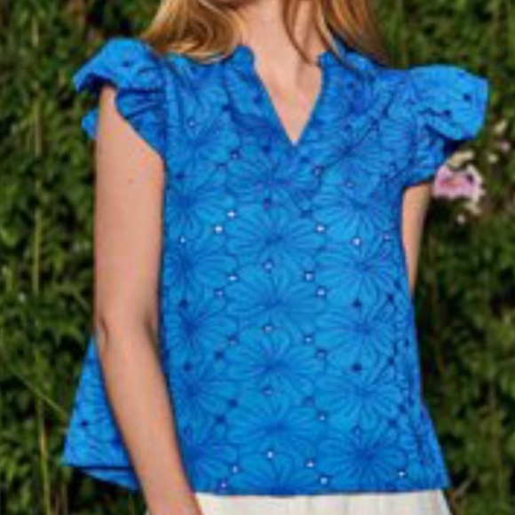 SHEIN | Tops | Blue Floral Embroidered Ruffle Sleeve Top | Poshmark